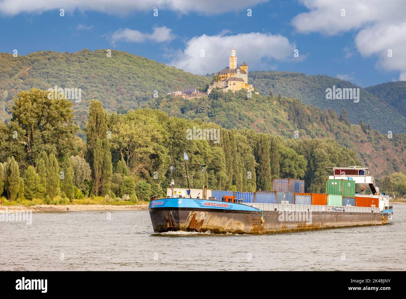 Rhine River Valley, Germany. Container Cargo Boat Passing Marksburg ...