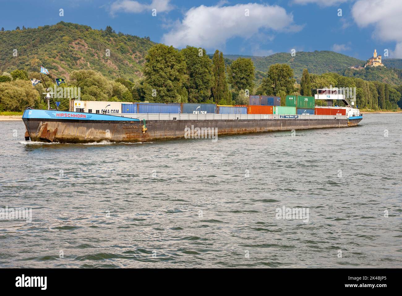 Rhine River Valley, Germany. Container Cargo Boat, Marksburg Castle ...