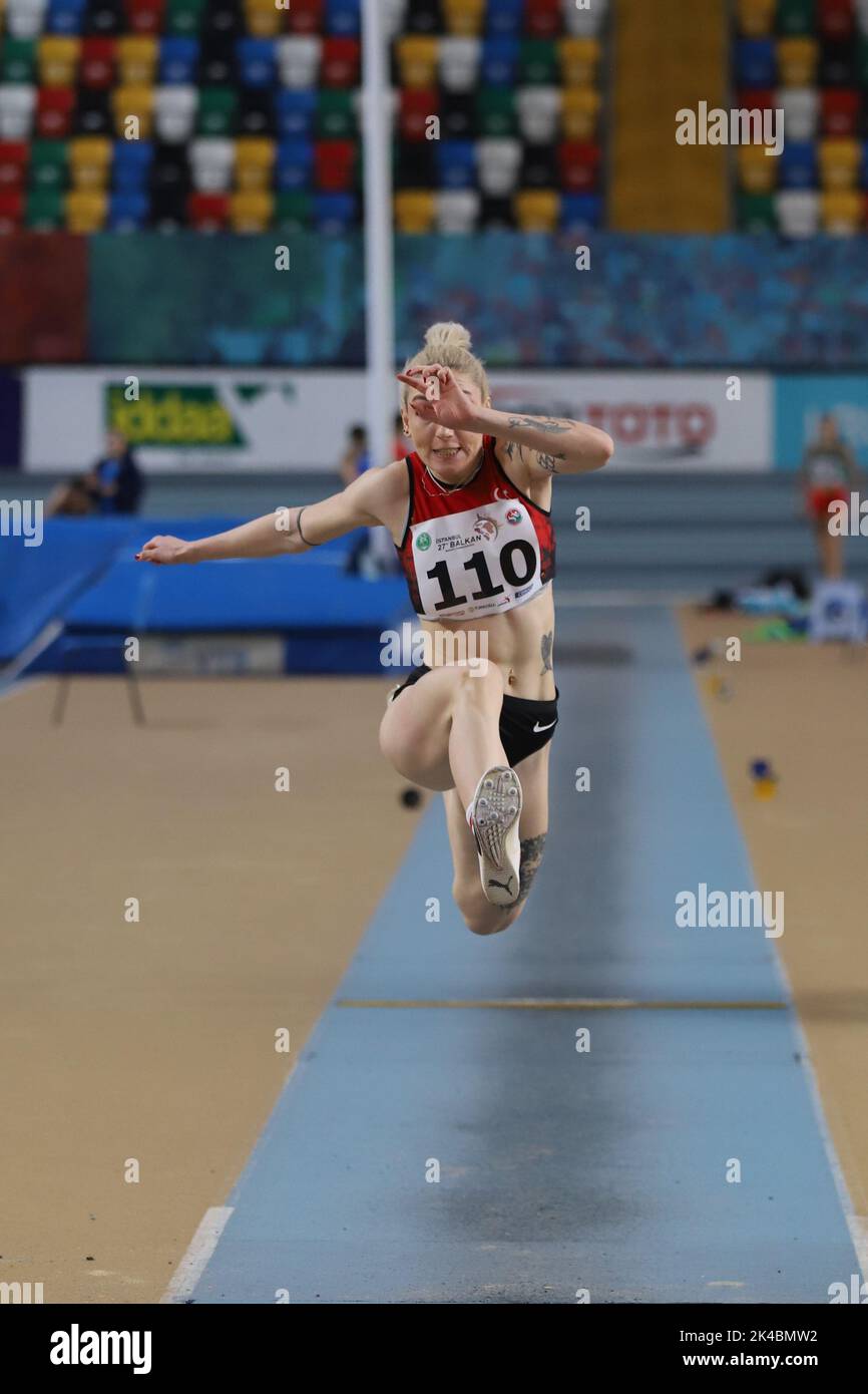 ISTANBUL, TURKEY - MARCH 05, 2022: Tugba Danismaz triple jumping during ...