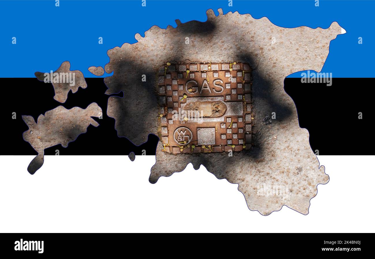Outline map of Estonia with the image of the national flag. Manhole ...