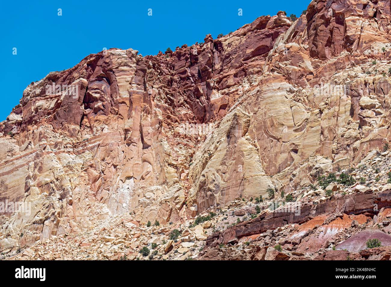 Upward view of the towering Chinle formations near Cassidy Arch at ...