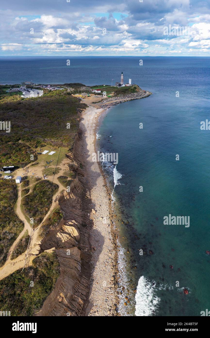Aerial view of the Montauk Lighthouse and beach in Long Island, New ...