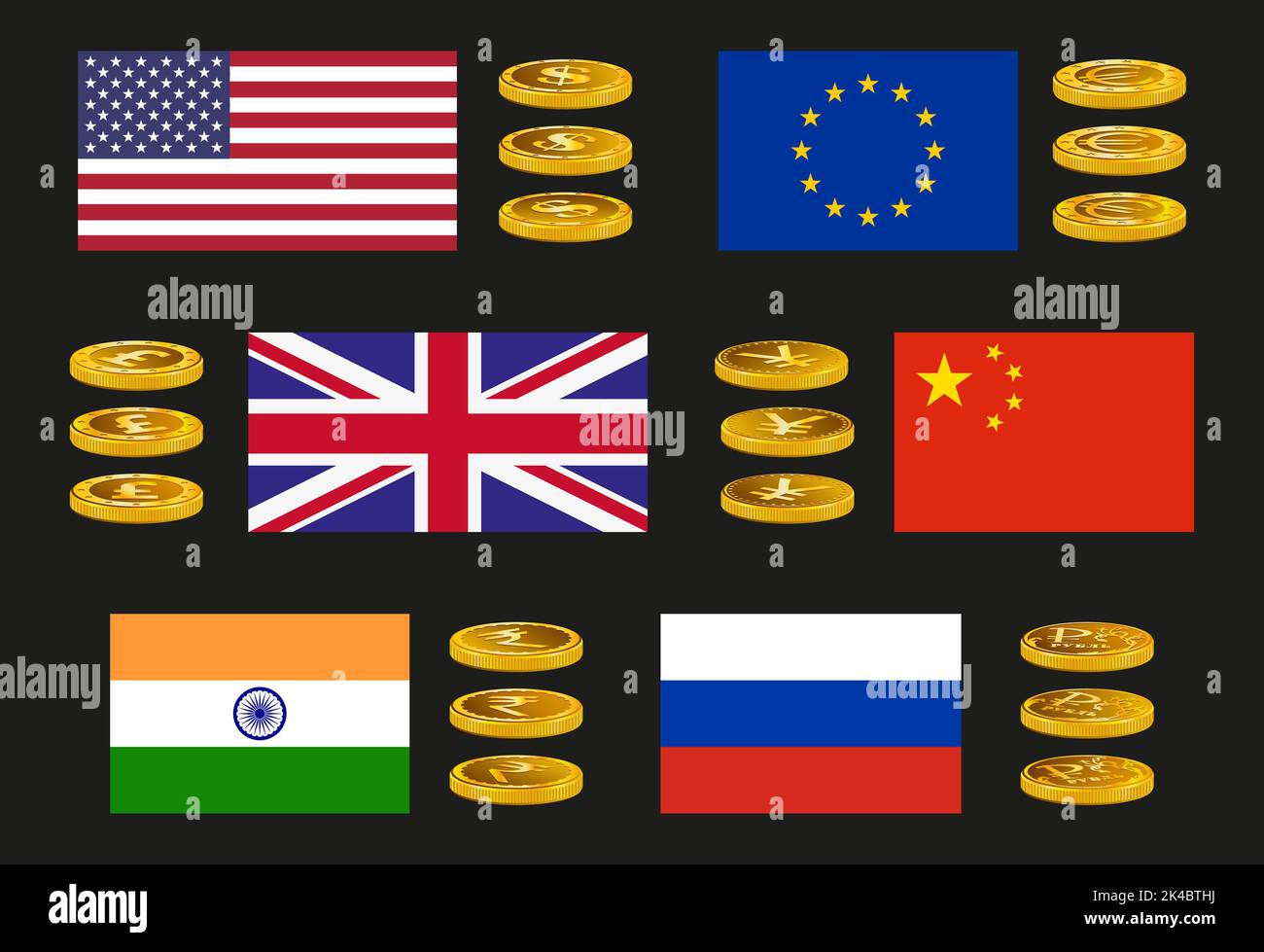 Set of vector icons of major world currencies with country flags in ...