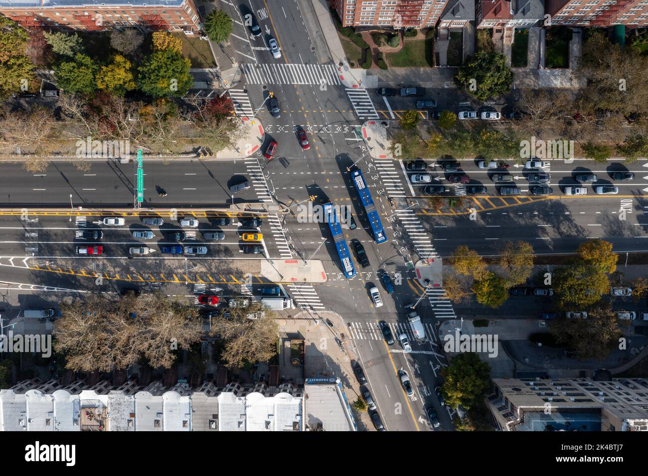 New York - Oct 23, 2021: Aerial streetscape view long Ocean Parkway in ...