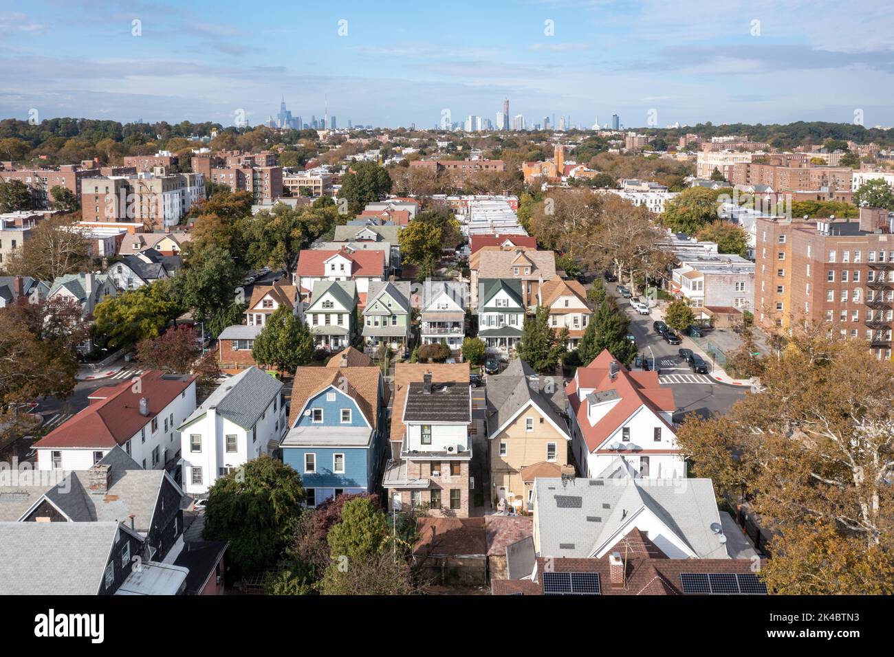 New York - Oct 23, 2021: Aerial streetscape view long Ocean Parkway in ...
