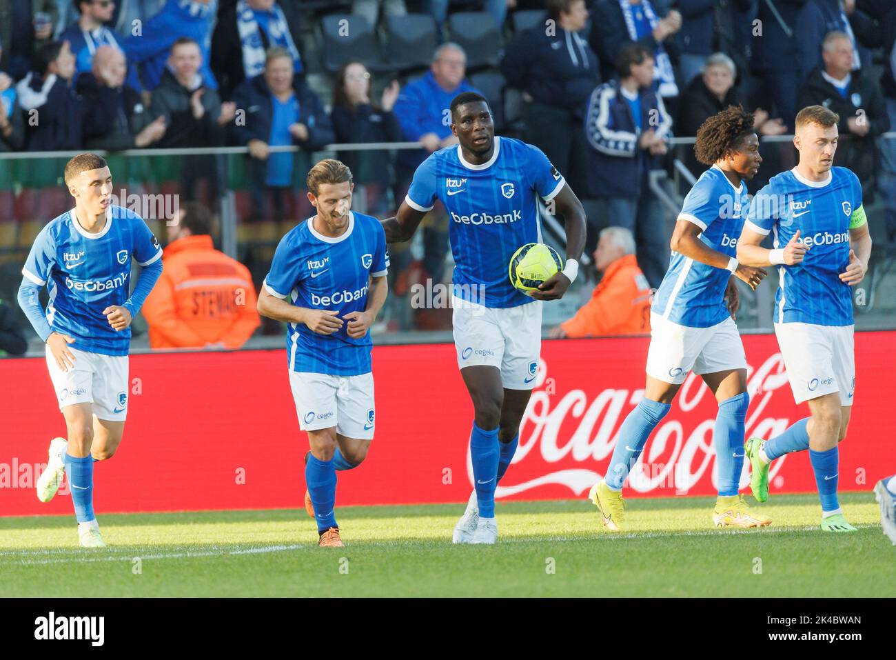Genk's Paul Onuachu celebrates after scoring during a soccer match ...