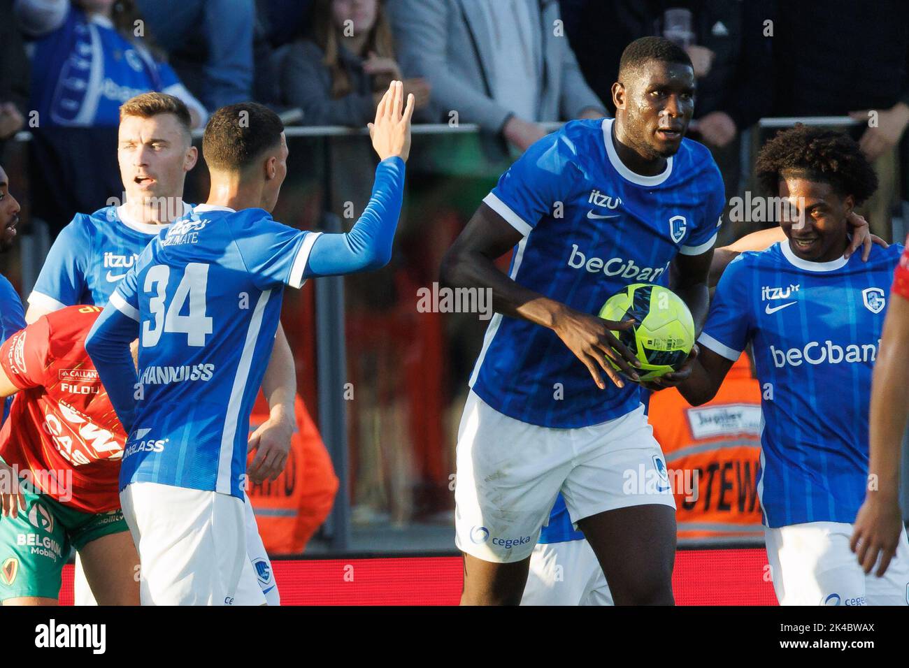 Genk's Paul Onuachu celebrates after scoring during a soccer match ...