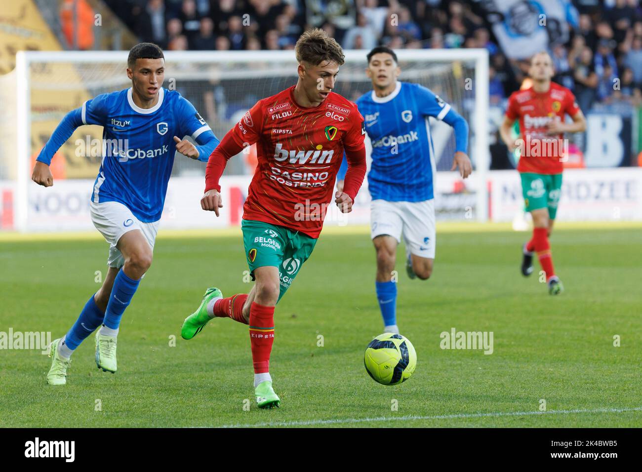 Genk's Bilal El Khannouss and Oostende's Nick Batzner fight for the ...