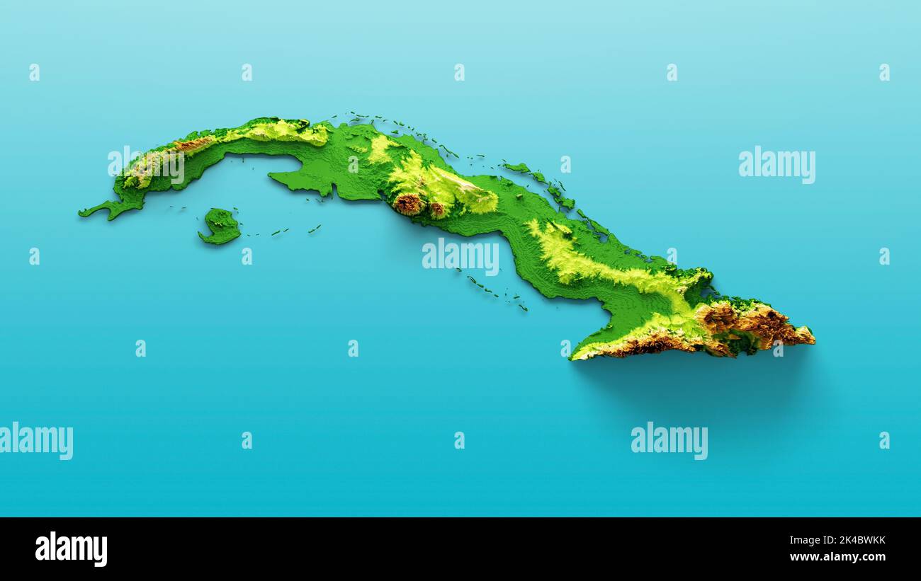 Cuba Map Shaded relief Color Height map on the sea Blue Background 3d ...