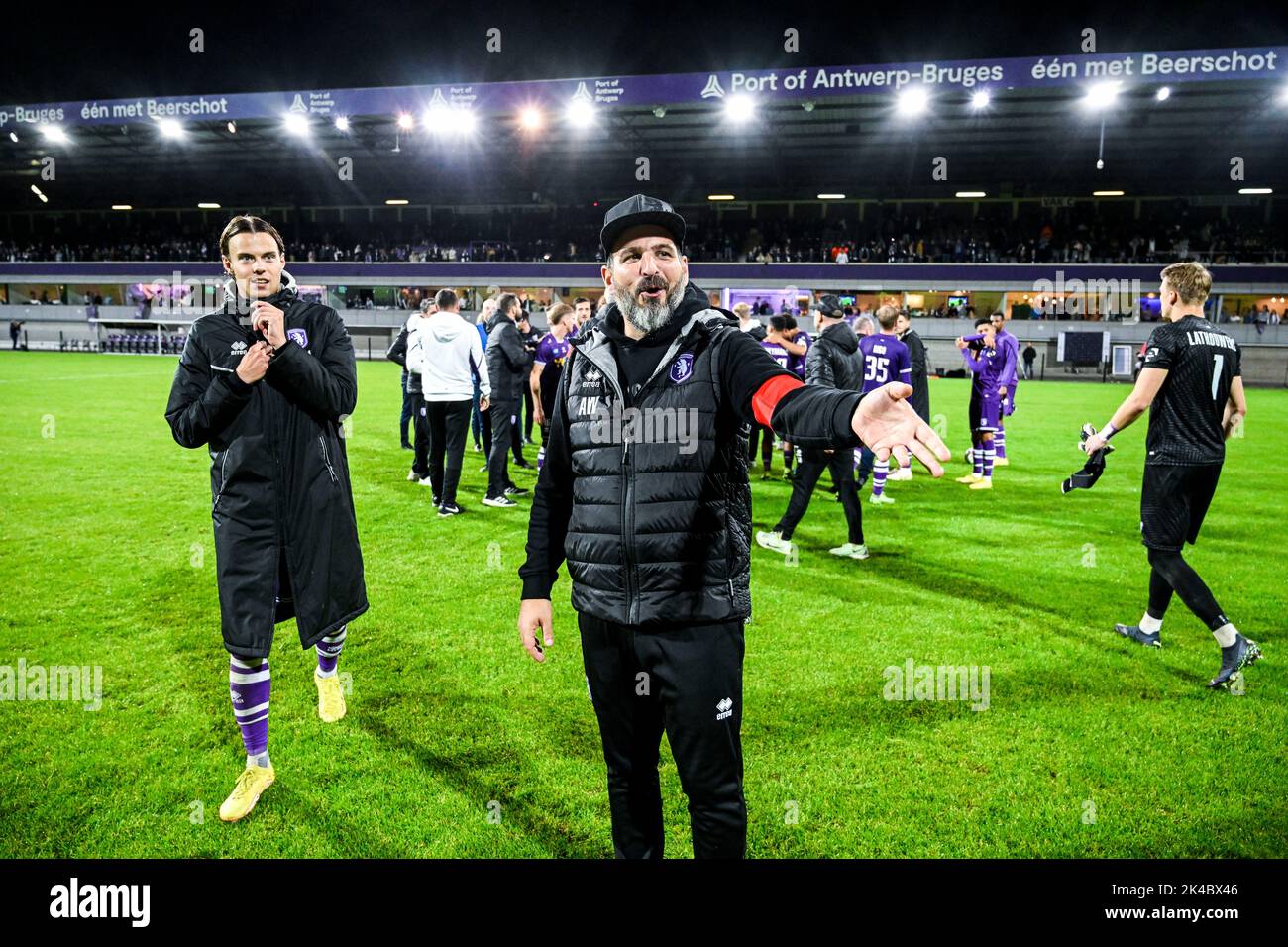Beerschot's head coach Andreas Wieland celebrates after winning a ...