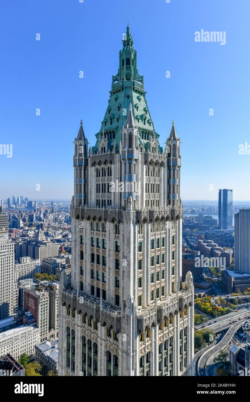Aerial view of the Woolworth Building in downtown Manhattan, New York ...