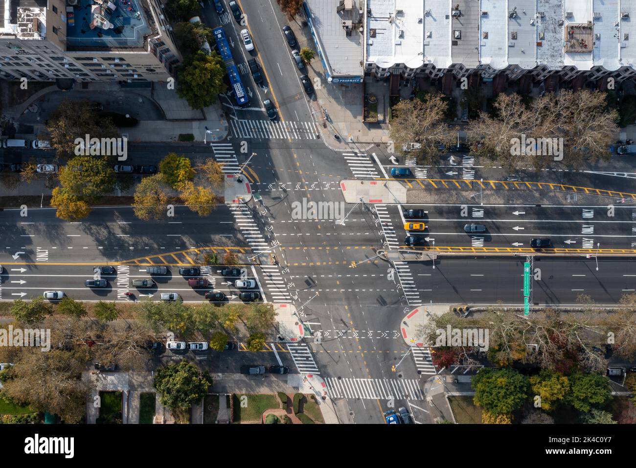 New York - Oct 23, 2021: Aerial streetscape view long Ocean Parkway in ...