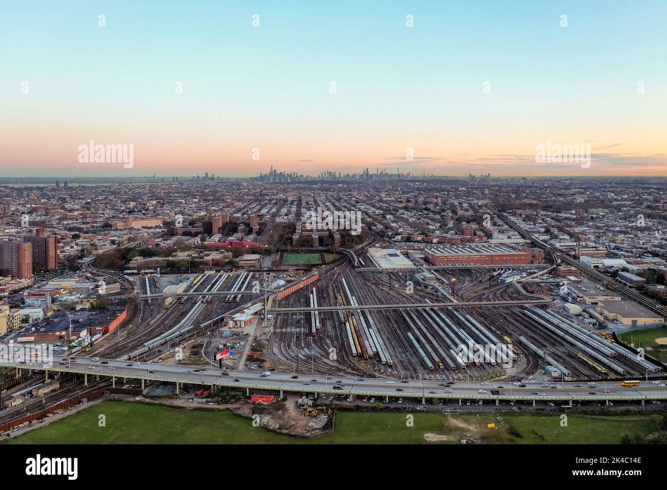 New York - Nov 4, 2021: Coney Island train yard and the Belt Parkway in Brooklyn, New York Stock ...
