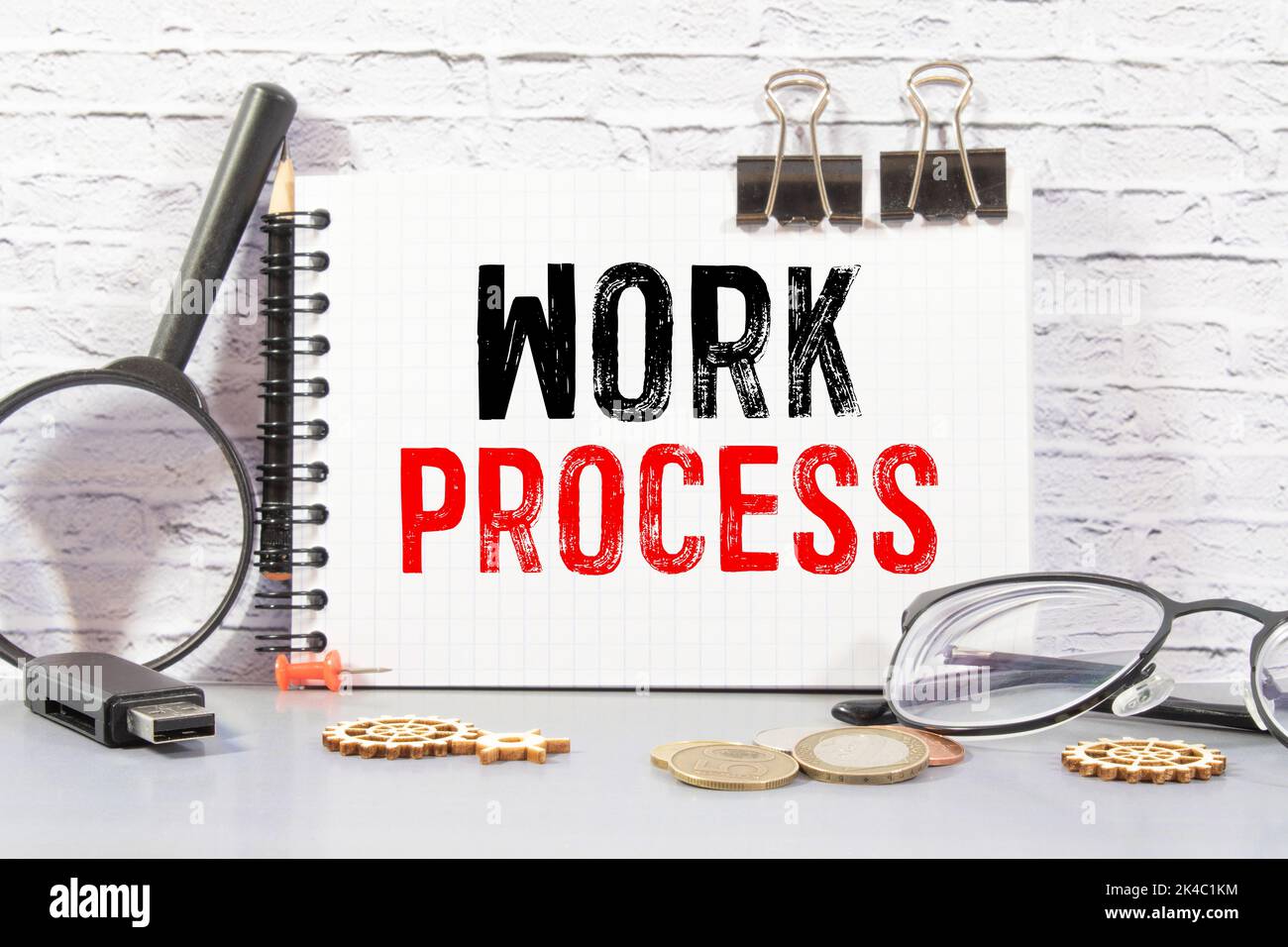 WORK PROCESS Words on card with keyboard and office tools Stock Photo ...