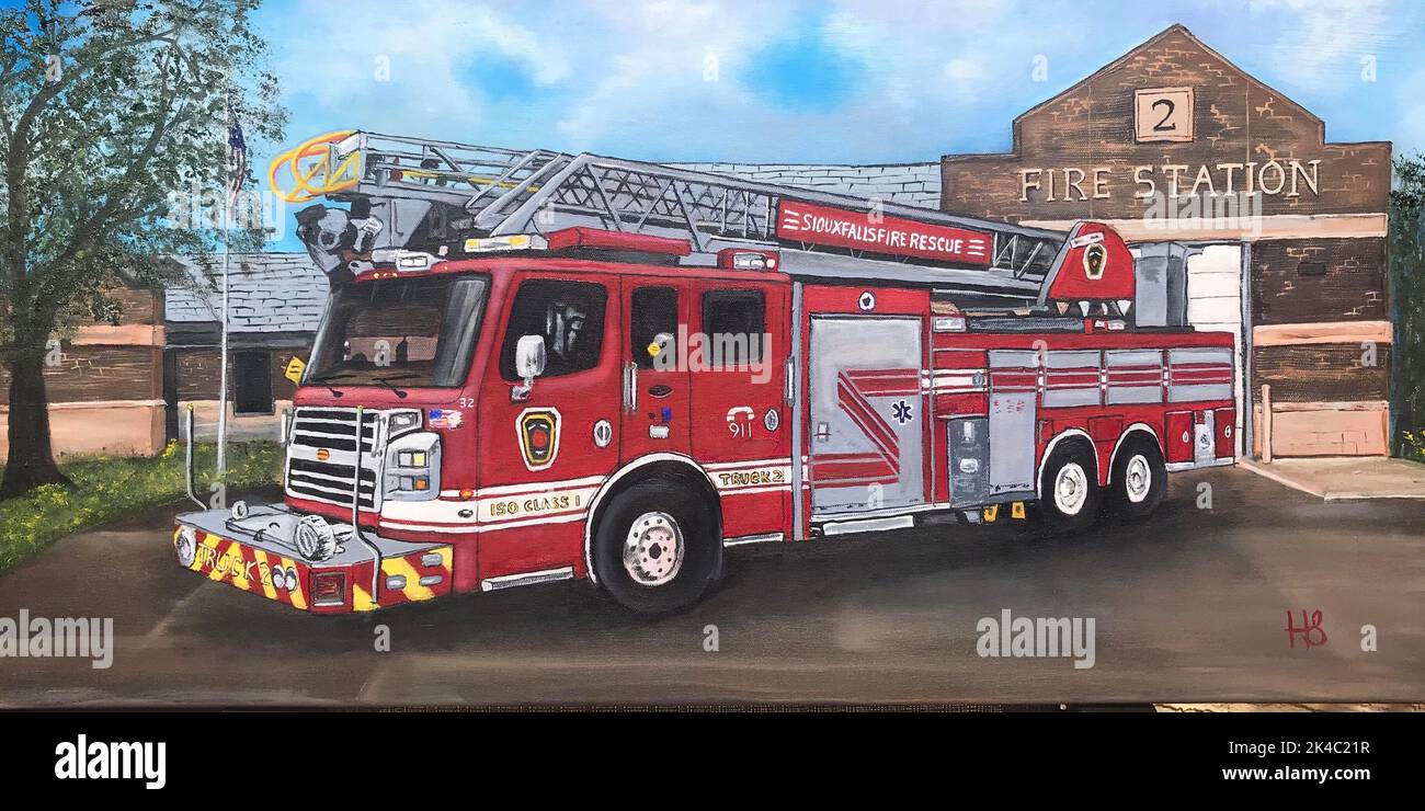 A painted fire engine in front of fire station in Sioux Falls Stock ...