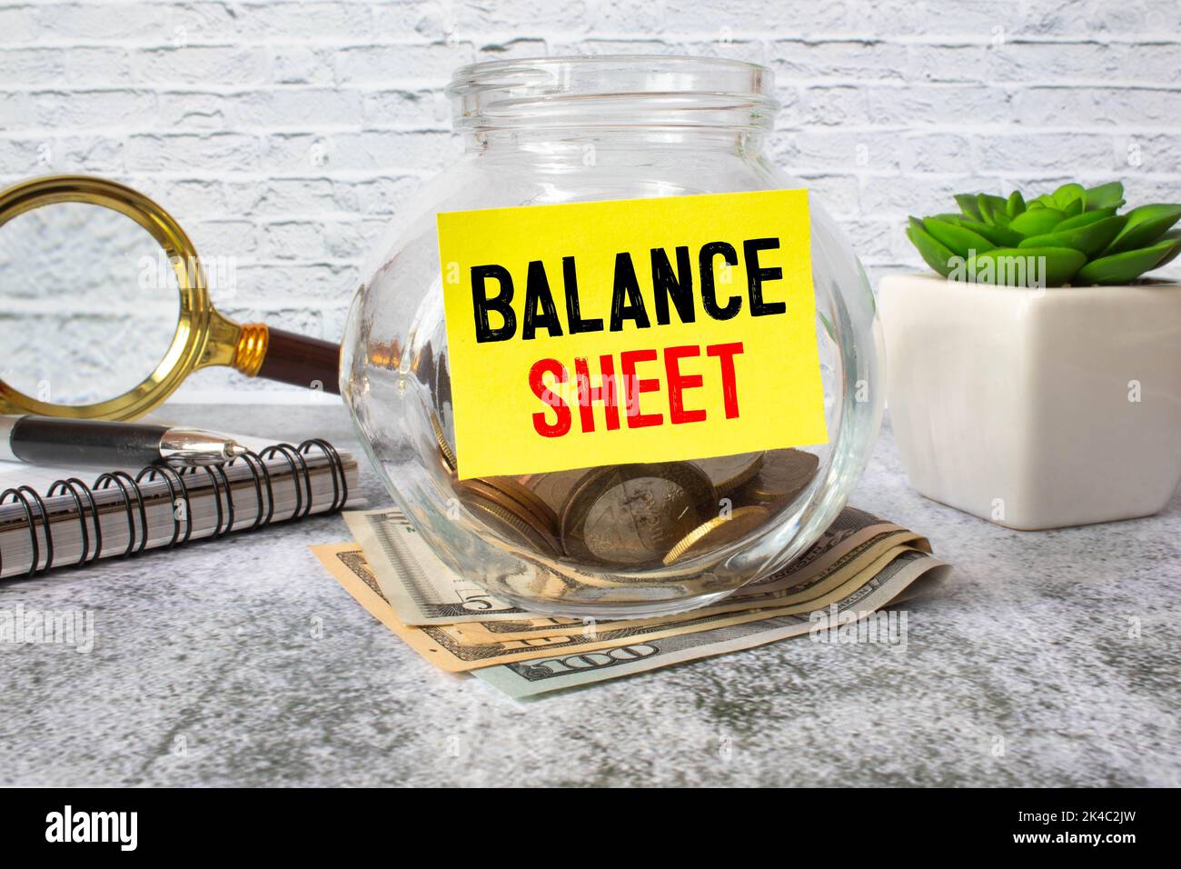 White paper card with text BALANCE SHEET on the calculator. Business ...