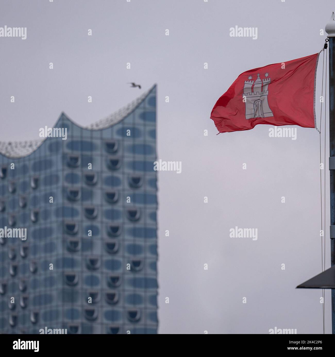 An aerial view of Hamburg flag waving in background of Elbe ...