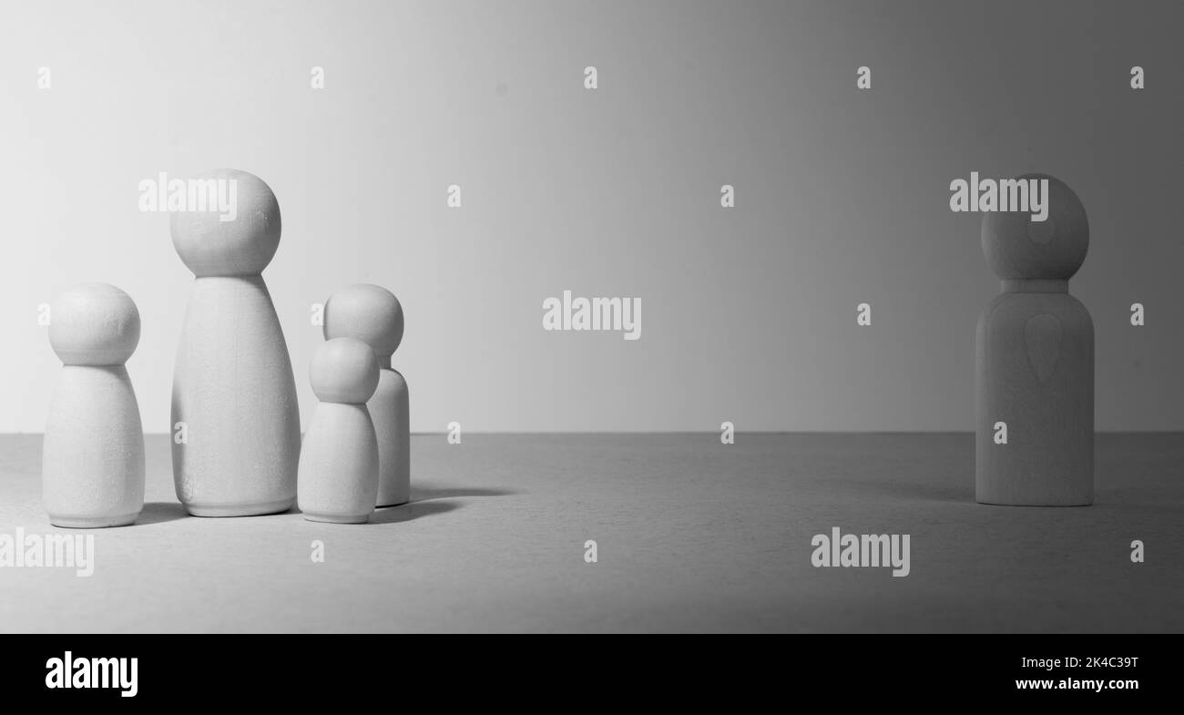 Red human figures of a divided family, a large heart divided into two ...