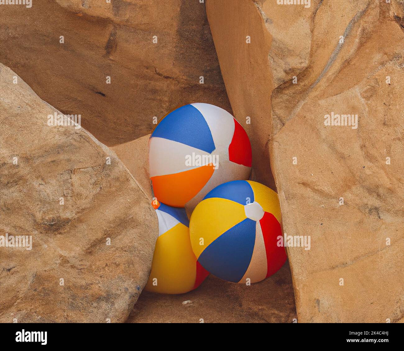 Three beach balls stuck between big rocks at the beach Stock Photo - Alamy