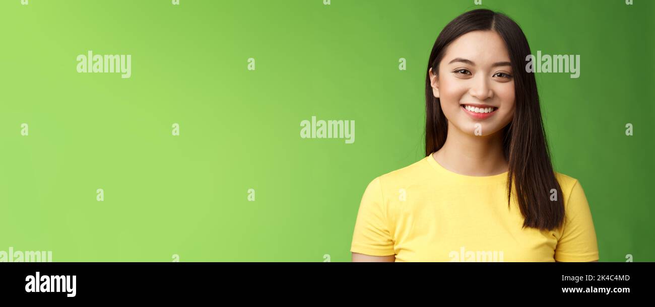 Optimistic cute carefree asian girl taking care skin condition, smiling ...