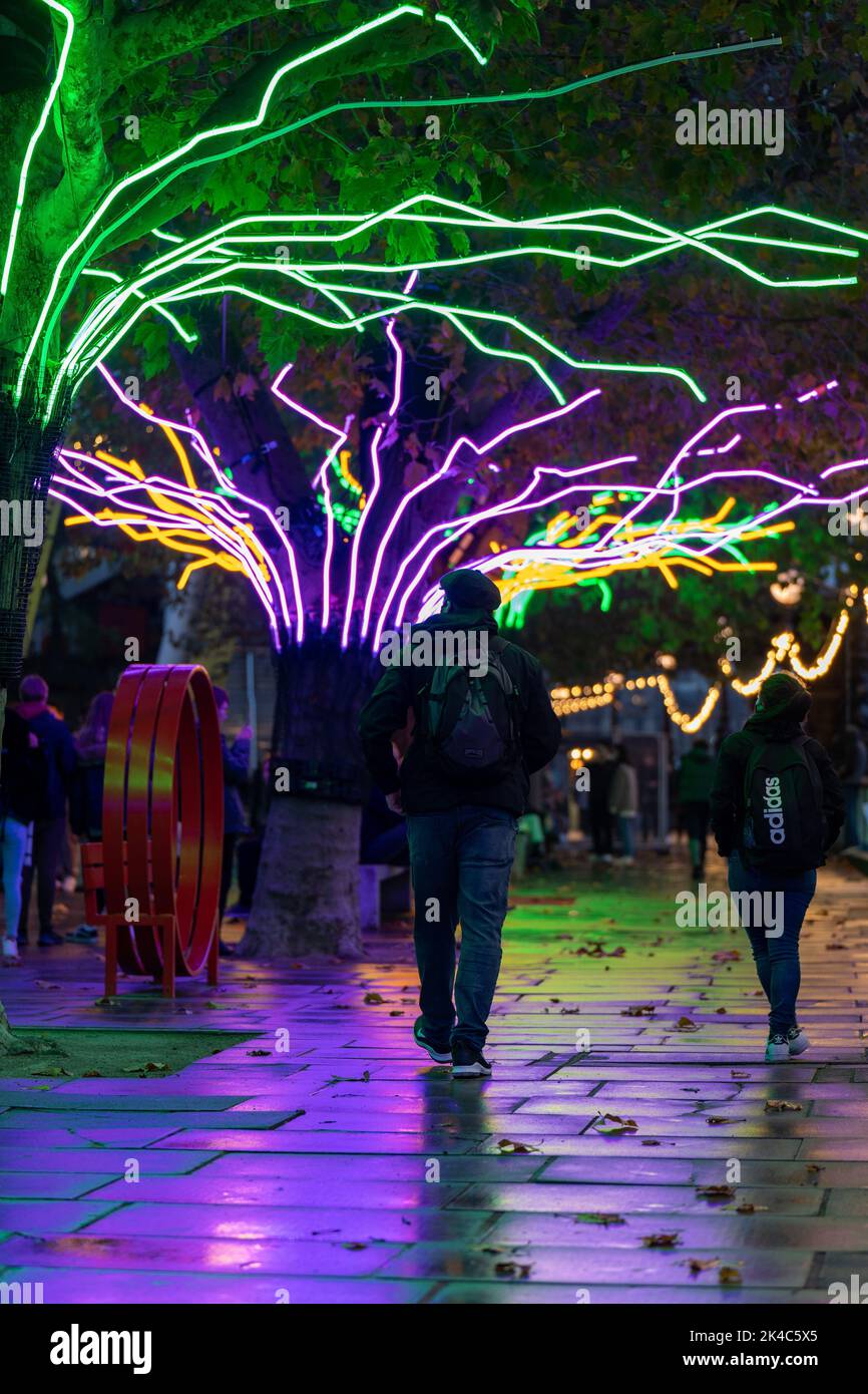 The London street at night with neon light on the background Stock ...