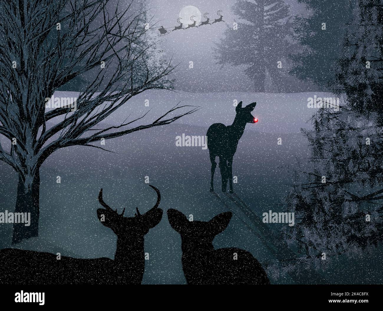 Wild deer are seen at night in the moonlight on snow in a nature winter ...