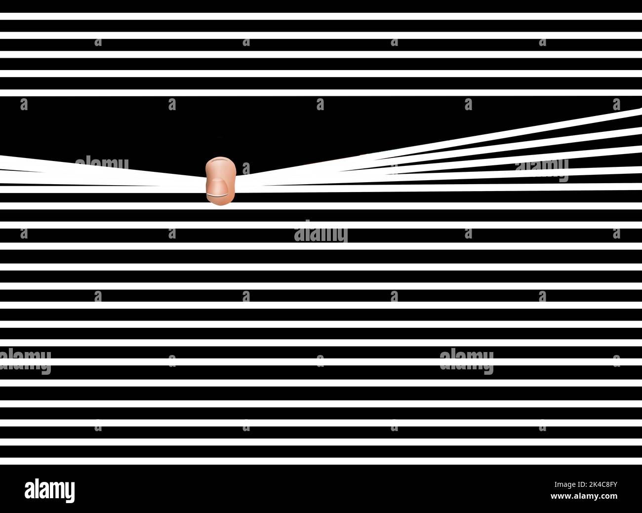 one finger pulls down a slat in a blind to peek outside the window in a ...