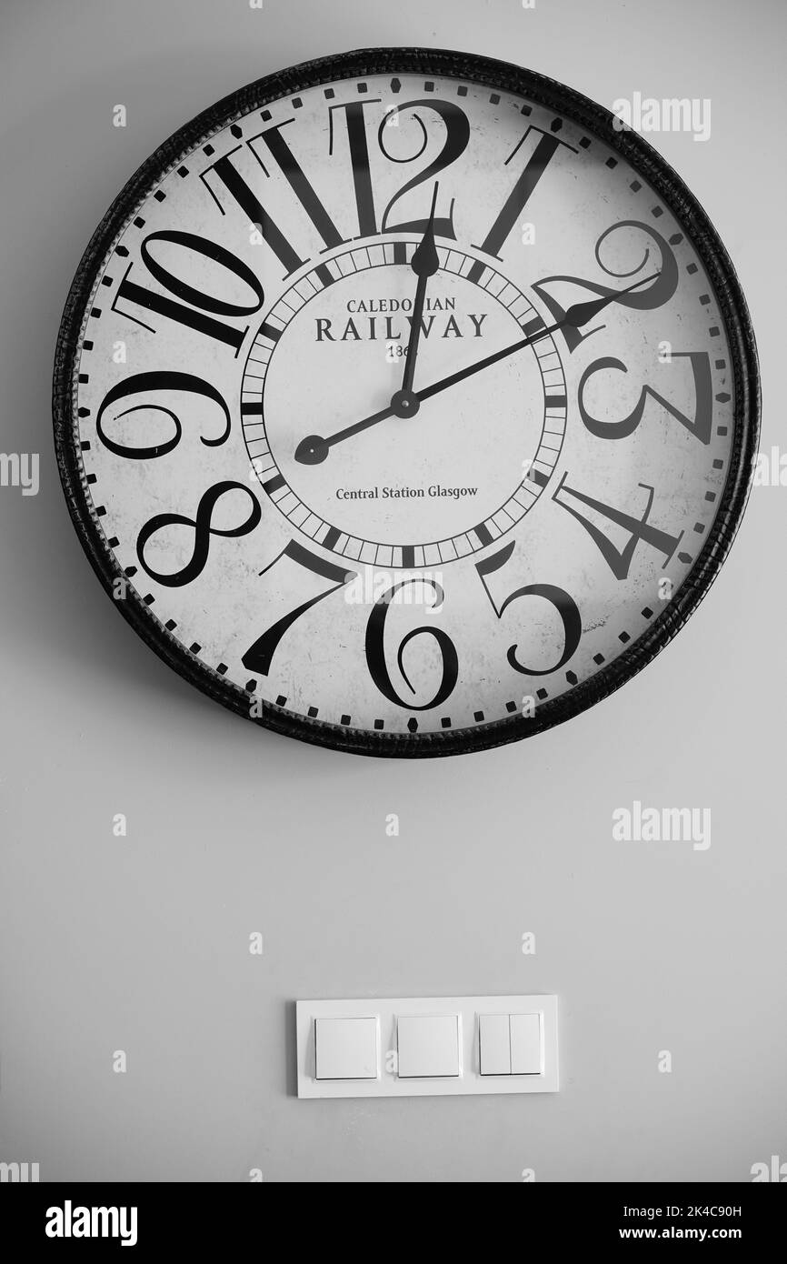 A grayscale shot of a classic retro large clock with Roman symbols ...