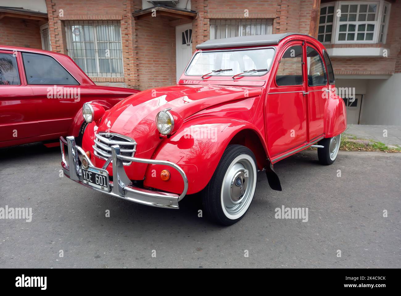 Bernal, Argentina - Sept 18, 2022: old red popular Citroen 3CV 1960-1979 four door sedan parked ...