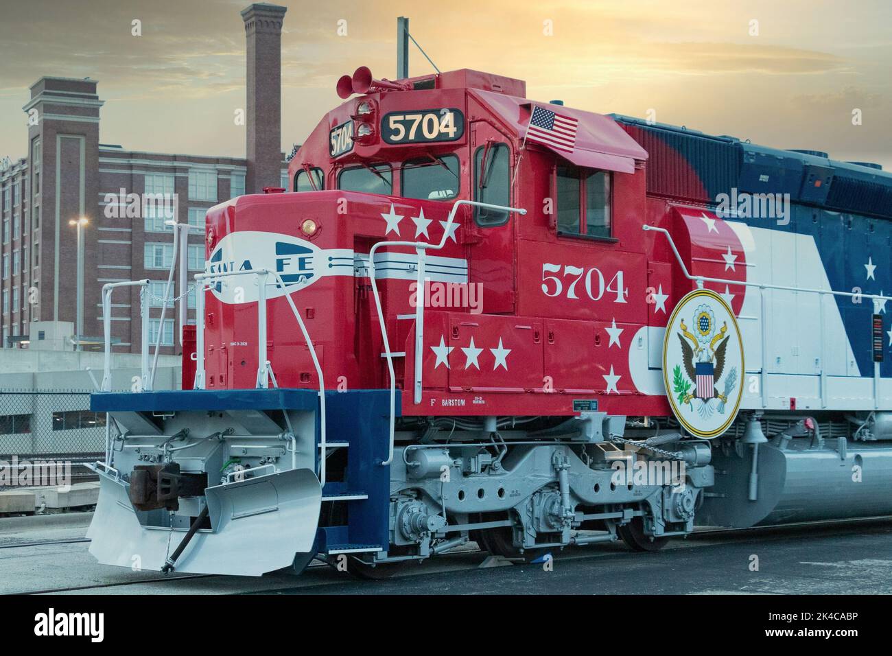The Bicentennial Santa Fe 5704 locomotive covered by national symbols of the US, close-up Stock ...