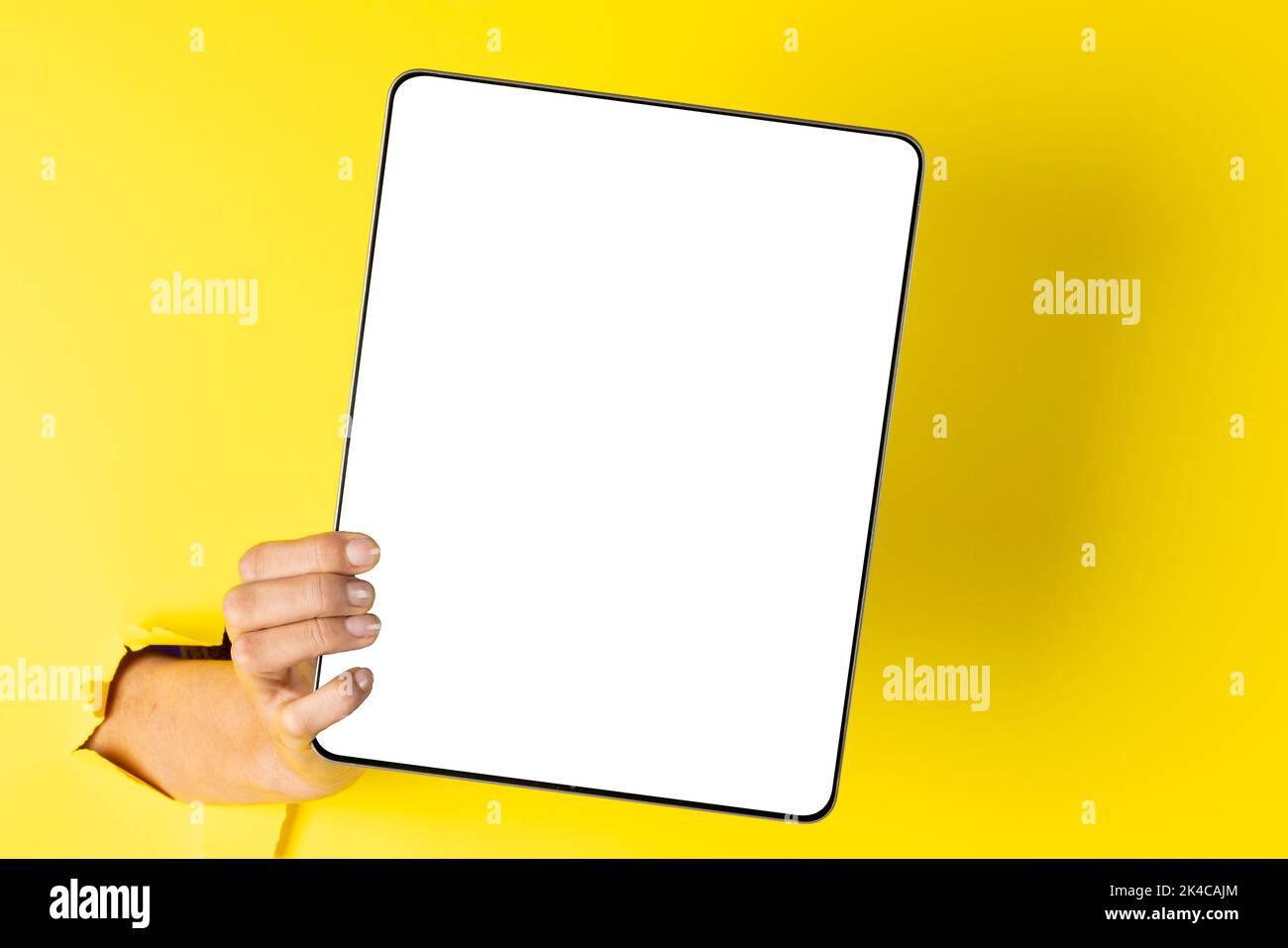 Composition of hand holding board with copy space on yellow background ...