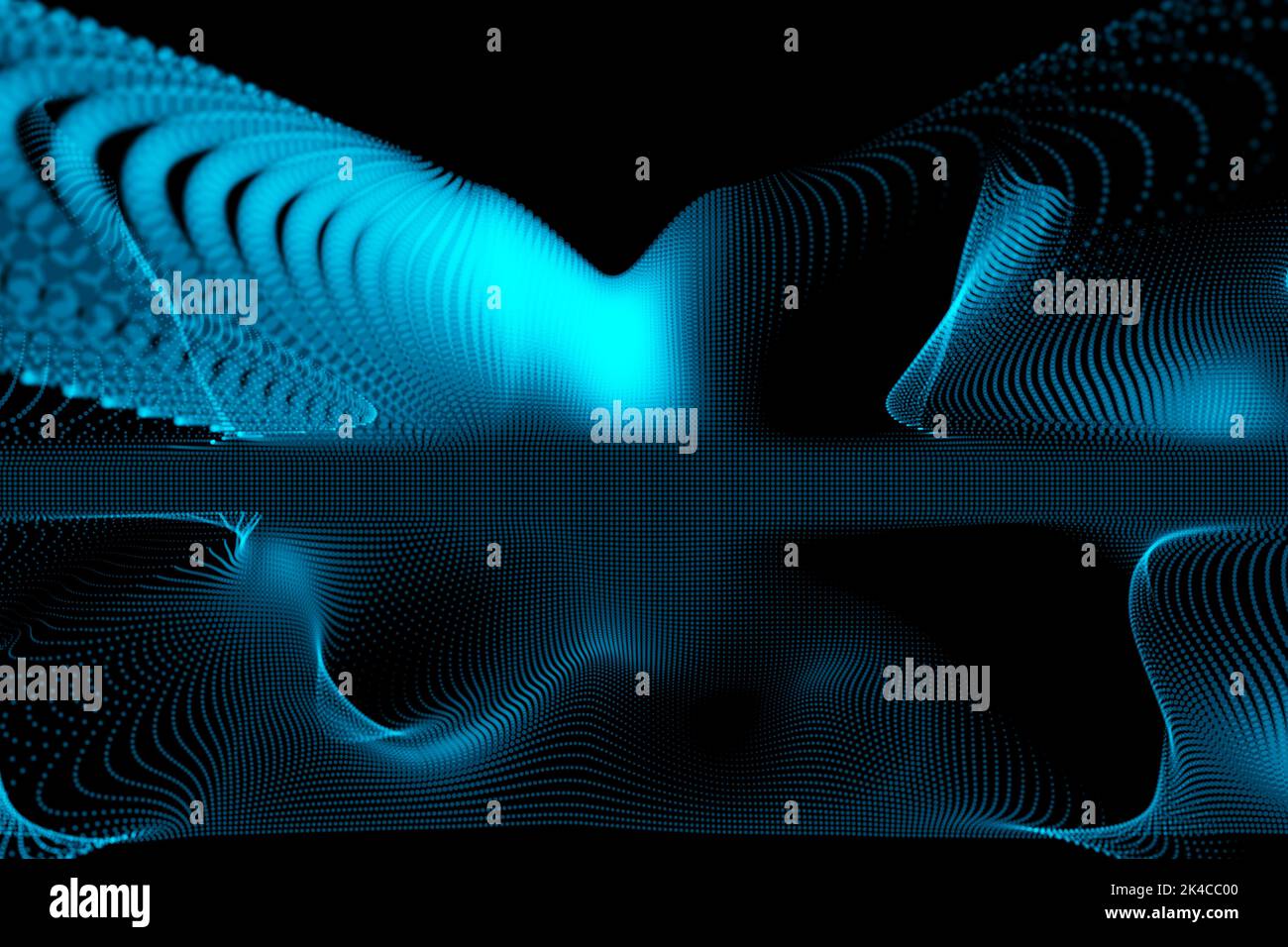 Abstract illustration of glowing blue digital mesh wave against black ...