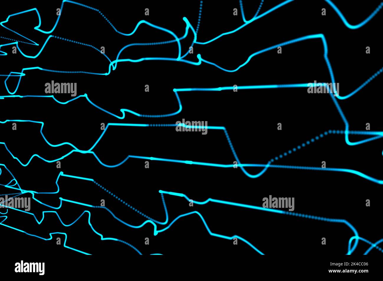 Abstract illustration of neon blue wavy lines against black background ...