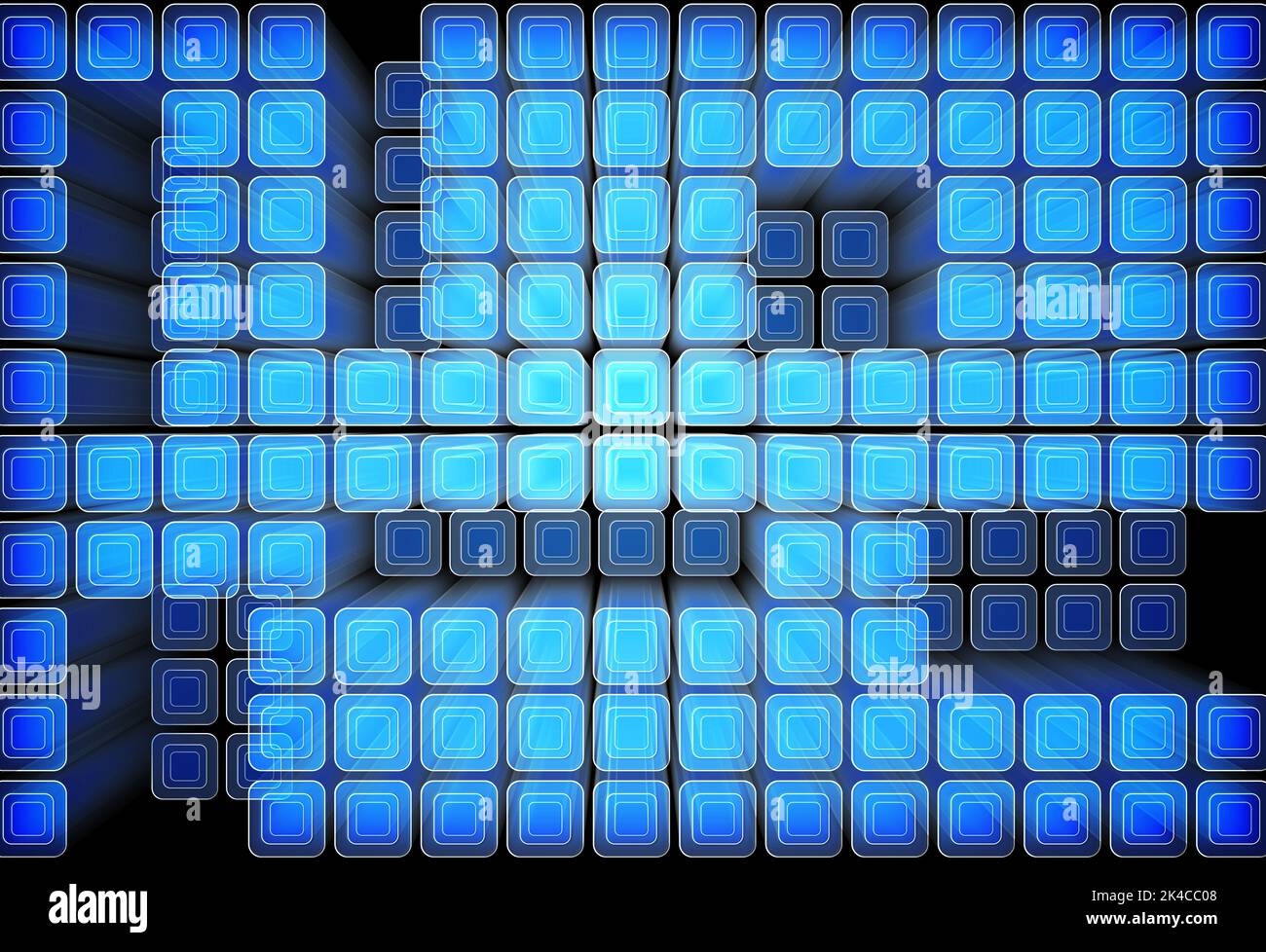 Abstract illustration of blue geometrical square shapes against black ...