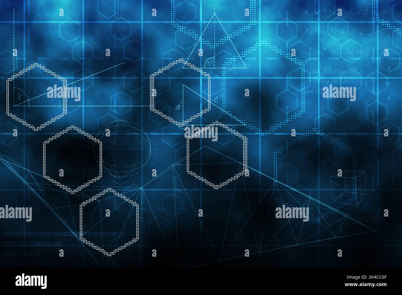 Abstract illustration of multiple white geometrical shapes against blue ...