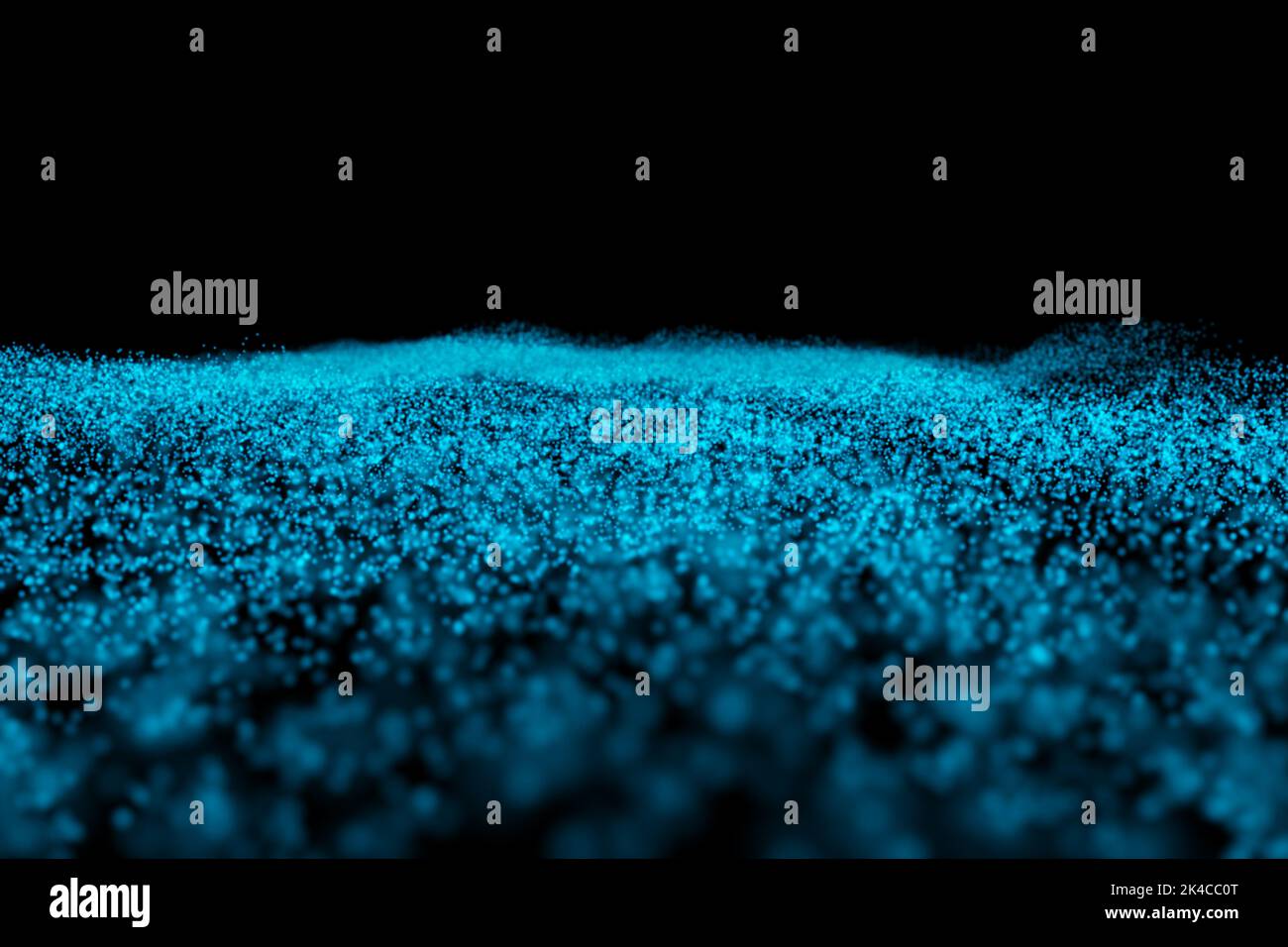 Abstract illustration of neon blue particles against black background ...