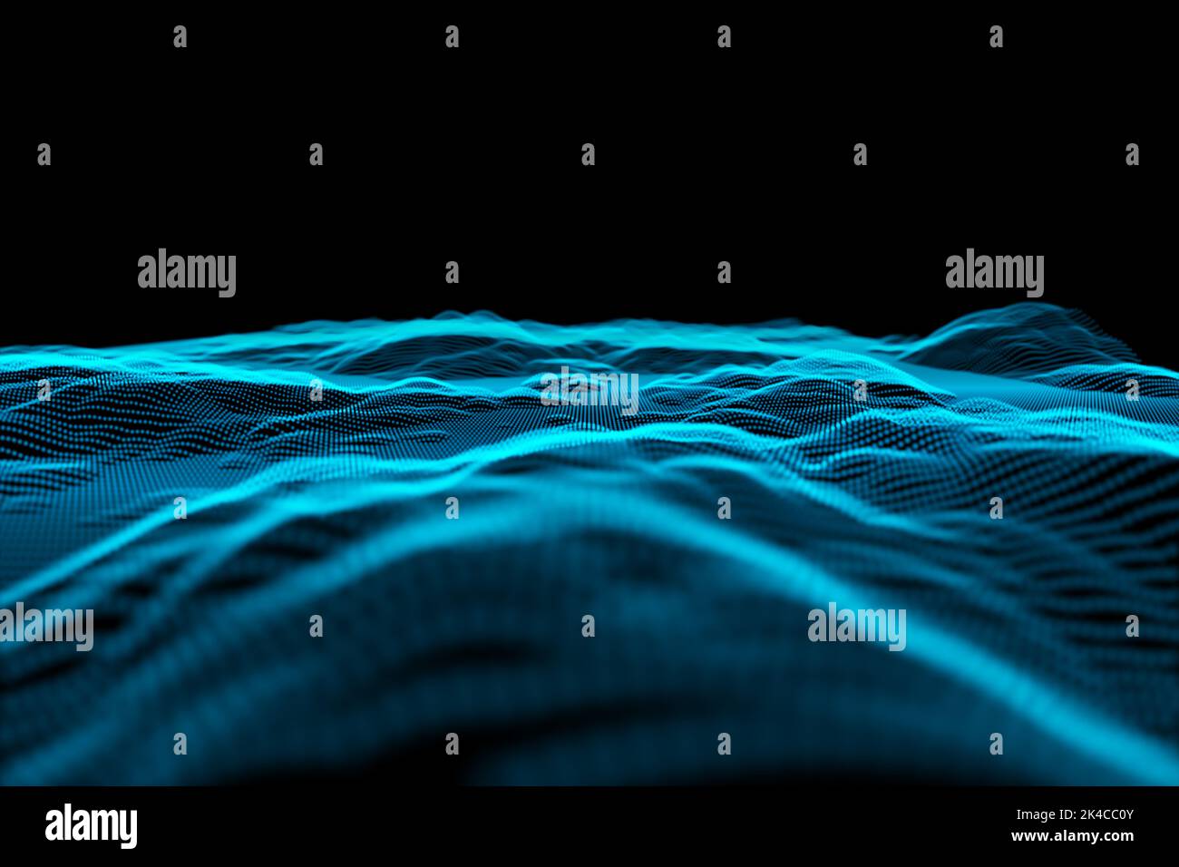 Abstract illustration of glowing blue digital mesh wave against black ...