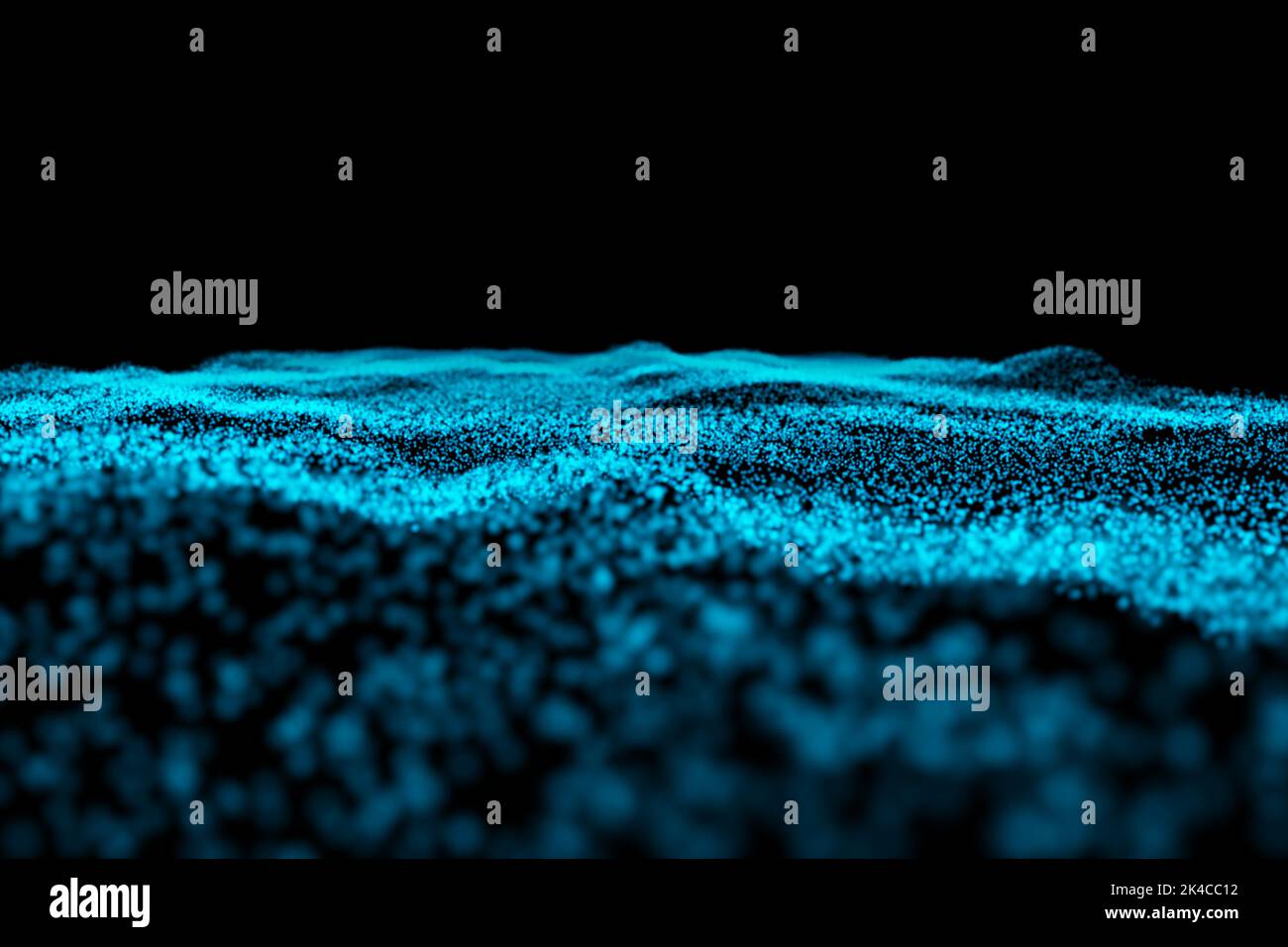 Abstract illustration of neon blue particles against black background ...