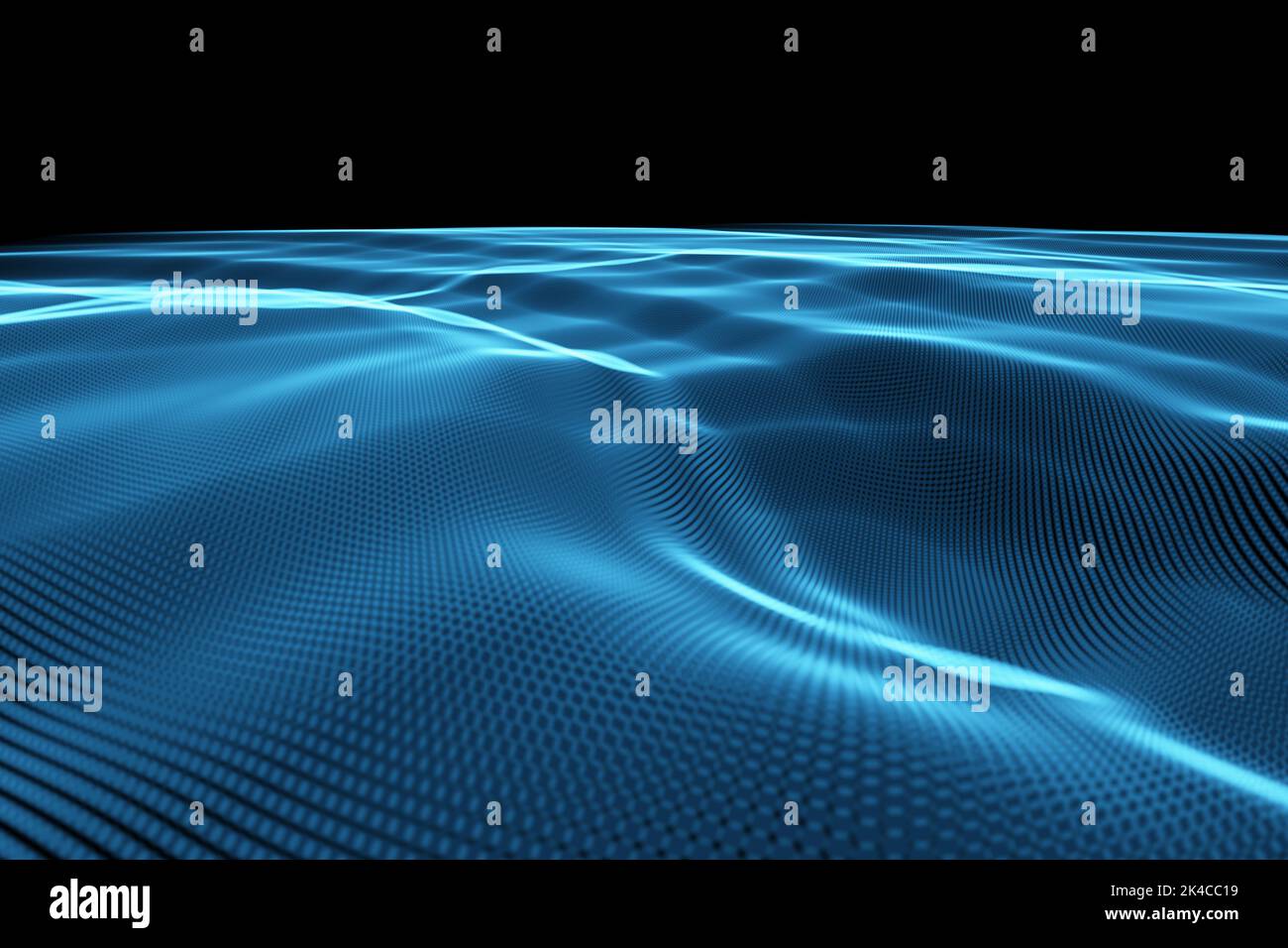 Abstract illustration of glowing blue digital wave against black ...