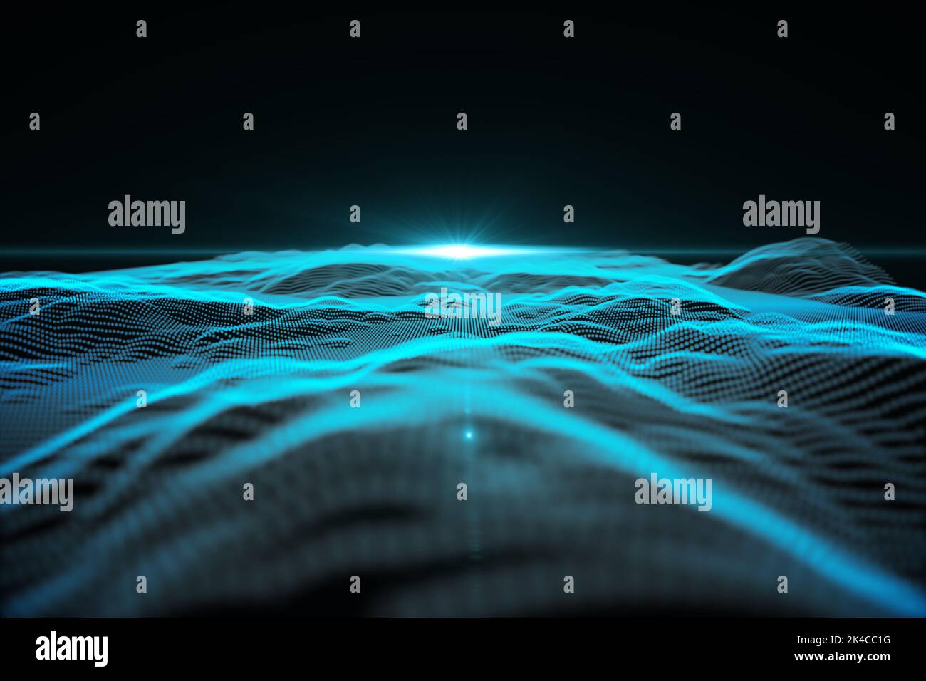 Abstract illustration of glowing blue digital mesh wave against black ...