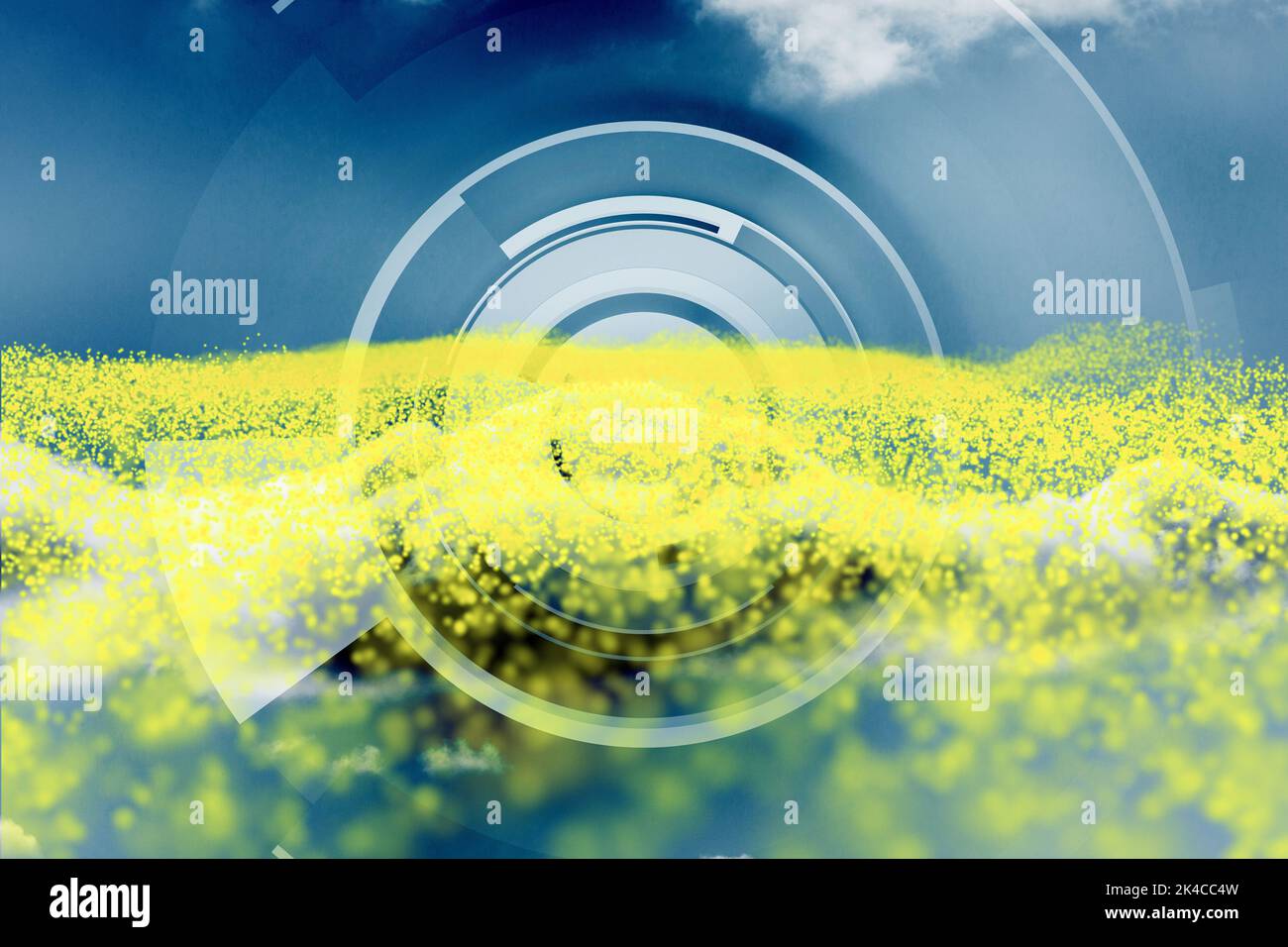 Abstract illustration of yellow particles over circular scope against ...
