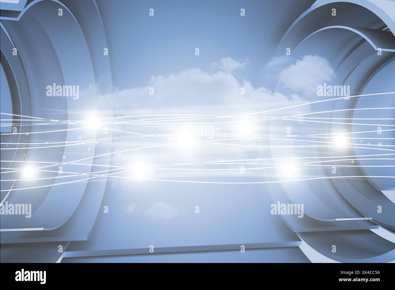 Abstract illustration of white light trails over two circular scope ...