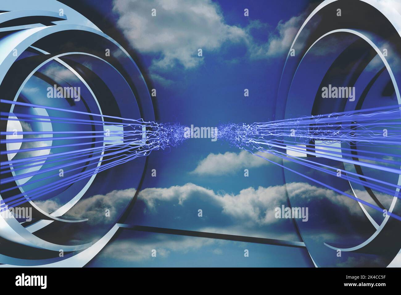 Abstract illustration of two light trails in triangle shape over two ...