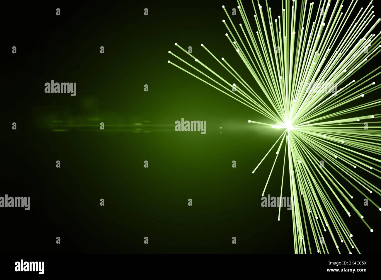 Abstract illustration of green glowing light trails coming through ...