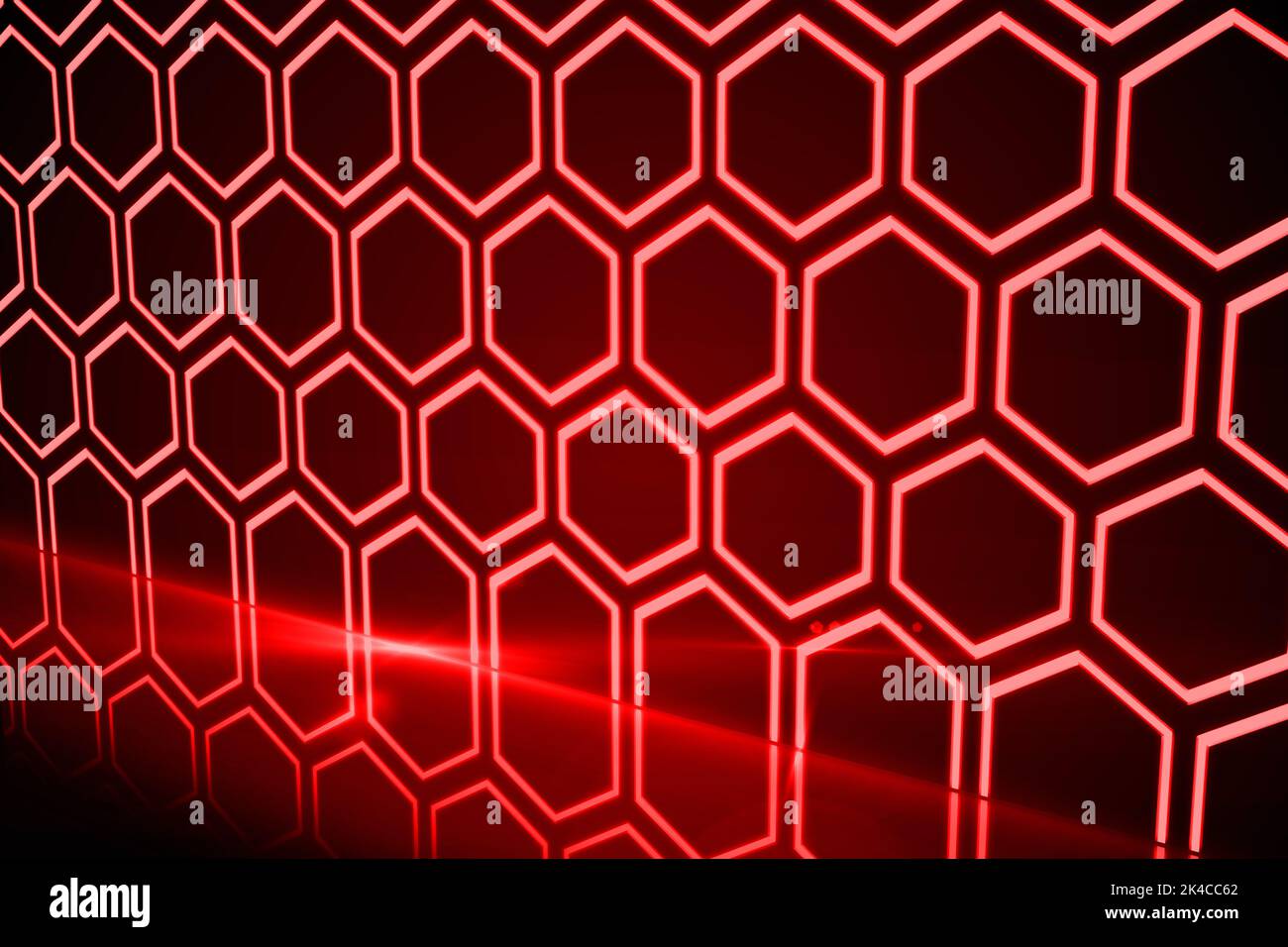 Abstract illustration of red neon geometrical hexagonal shapes against ...