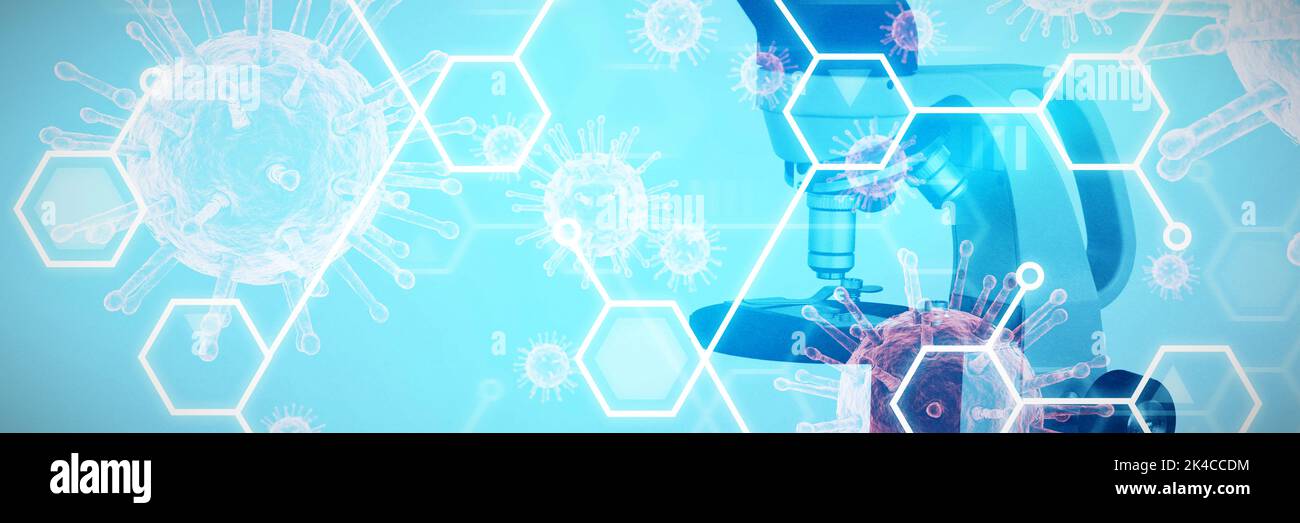 coronavirus on white background against microscope in laboratory ...