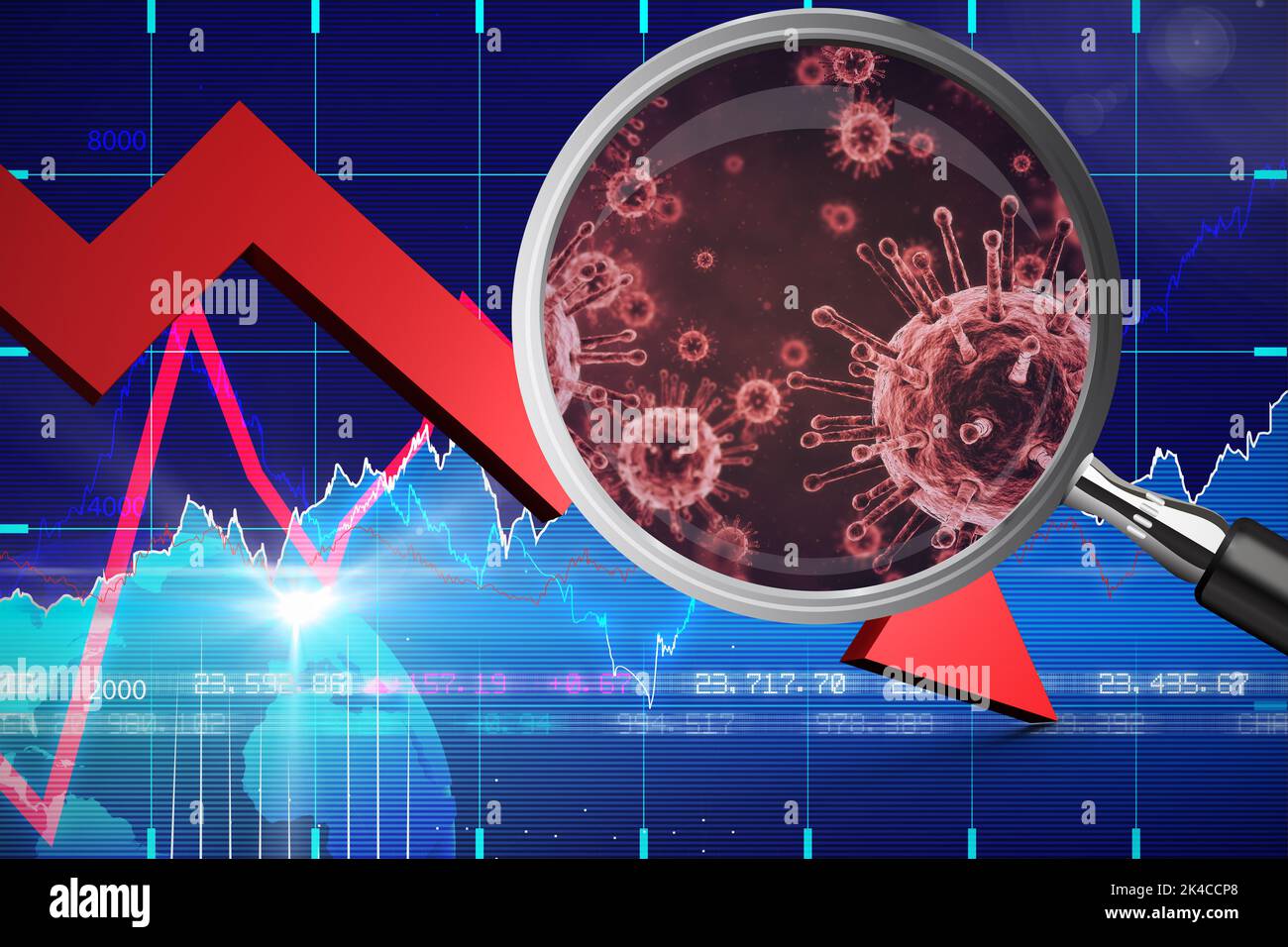 Magnifying glass against red virus in human body. Testing for ...