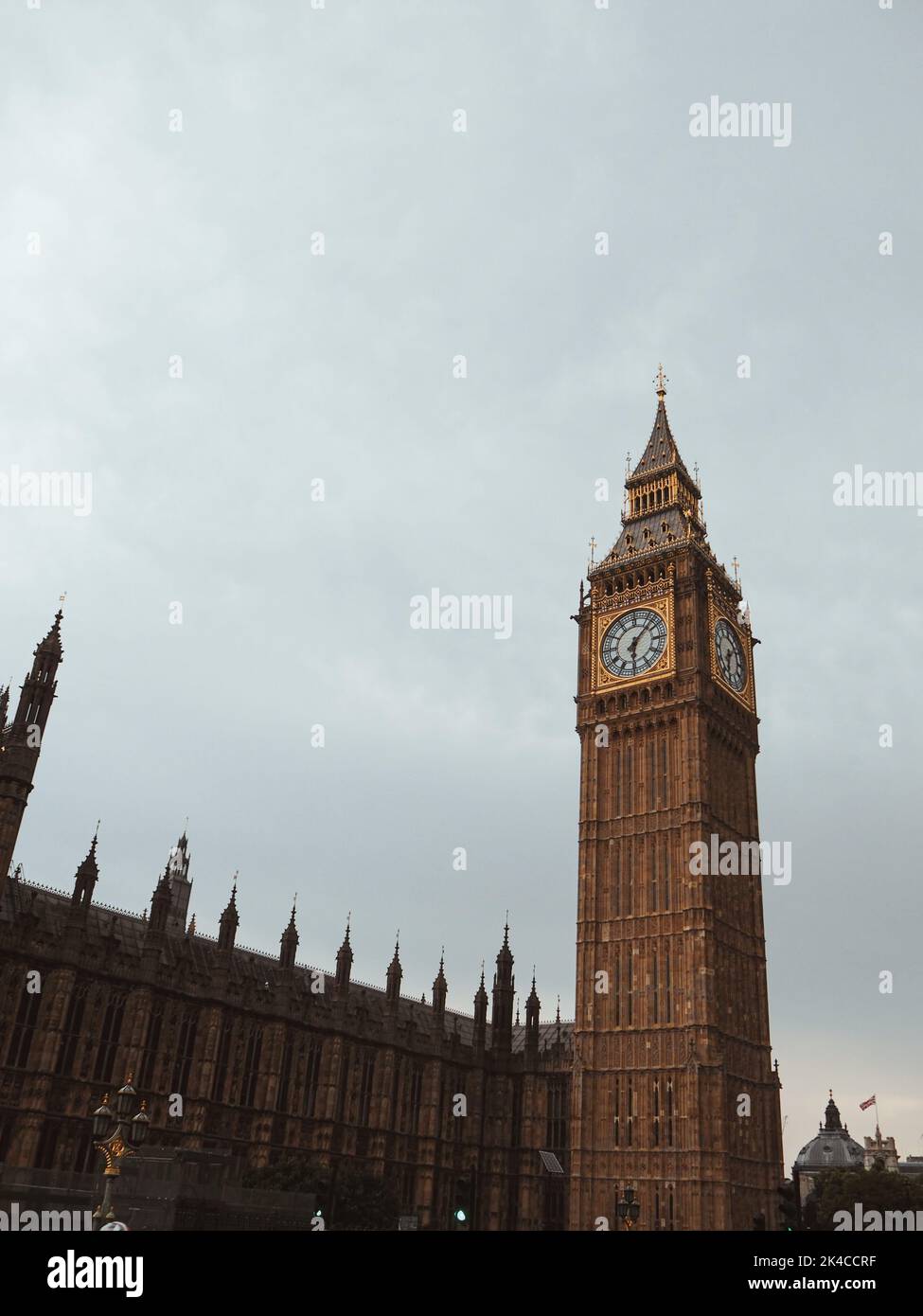 A low angle shot of the Big Ben tower in London on a gloomy day Stock ...