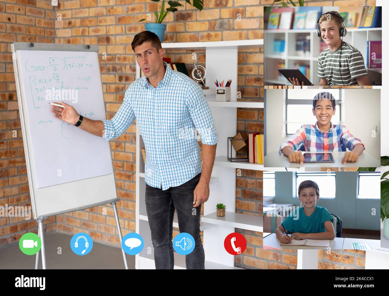 Video call interface with caucasian male teacher and schoolchildren on ...