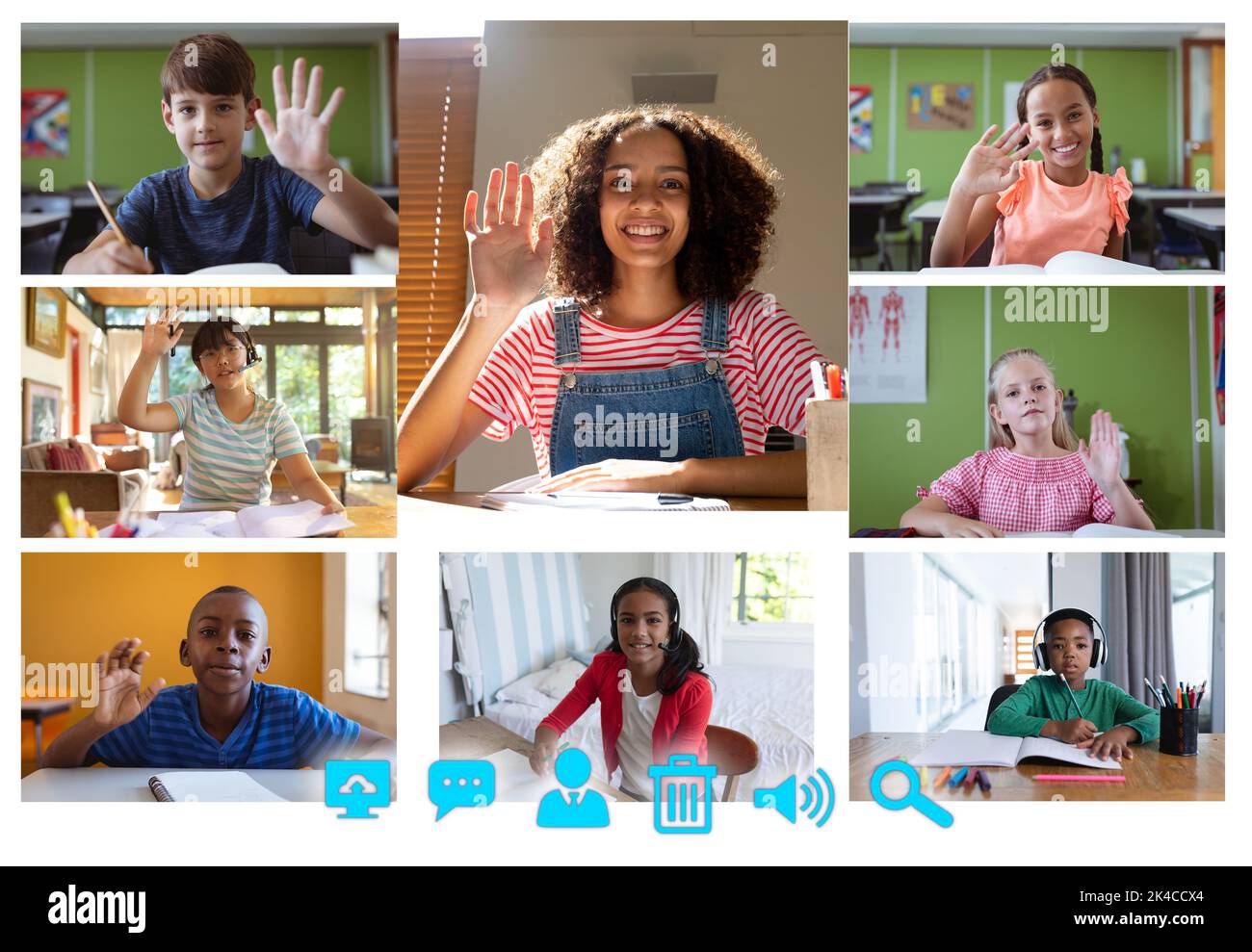 Video call interface with diverse female teacher and schoolchildren on ...